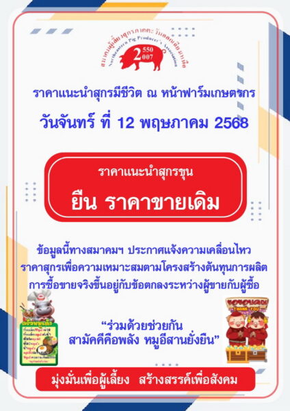 ข้อมูลราคาสุกรมีชีวิตหน้าฟาร์ม จันทร์ที่ 12 พฤษภาคม 2568